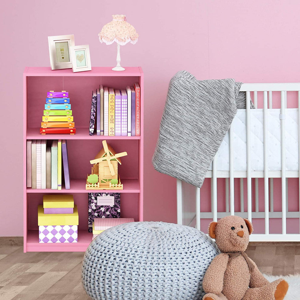 3-Tier Adjustable Shelf Bookcase, Pink