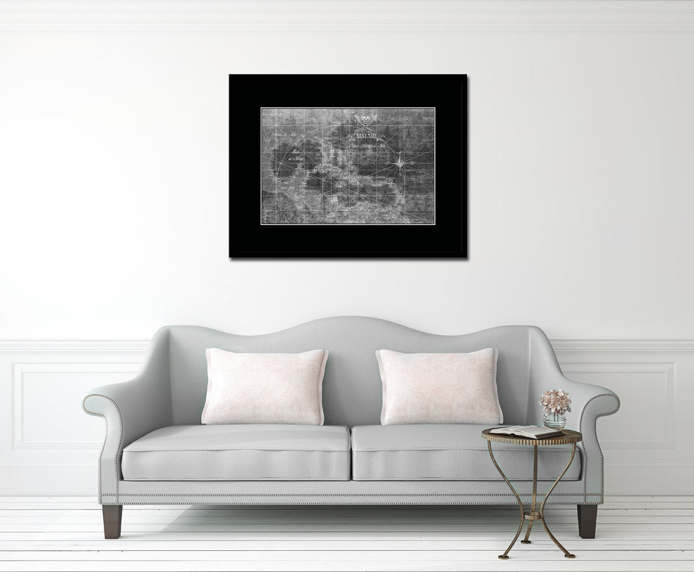 Caribbean Monochrome Map Print On Canvas With Black Custom Frame 16"