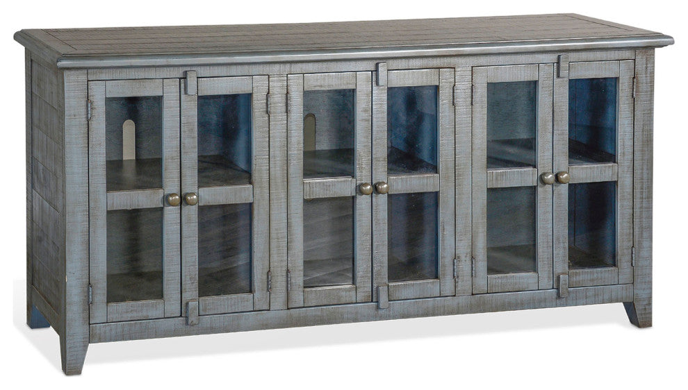 70" Distressed Blue TV Stand Media Console Glass Doors Storage Cabinet