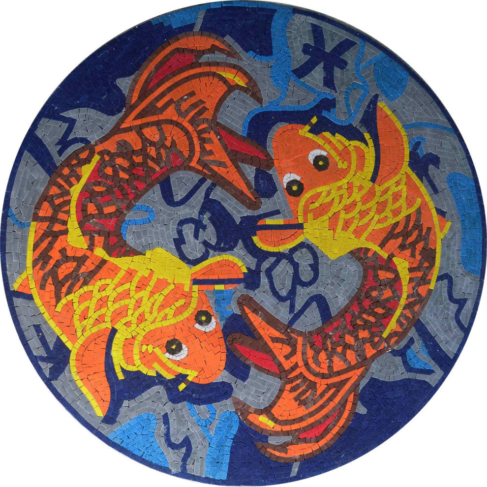 Koi Fish Marble Mosaic Art Nautical, 36" X 36"