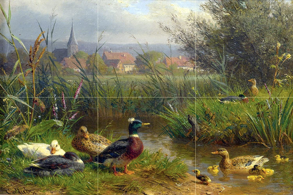 Tile Mural Landscape Family Ducks River Backsplash 8" Ceramic Glossy