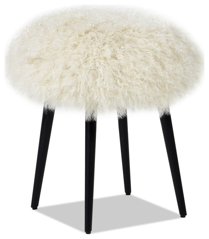Alberta 16" Mongolian Sheepskin Genuine Fur Round Ottoman Latte Beige