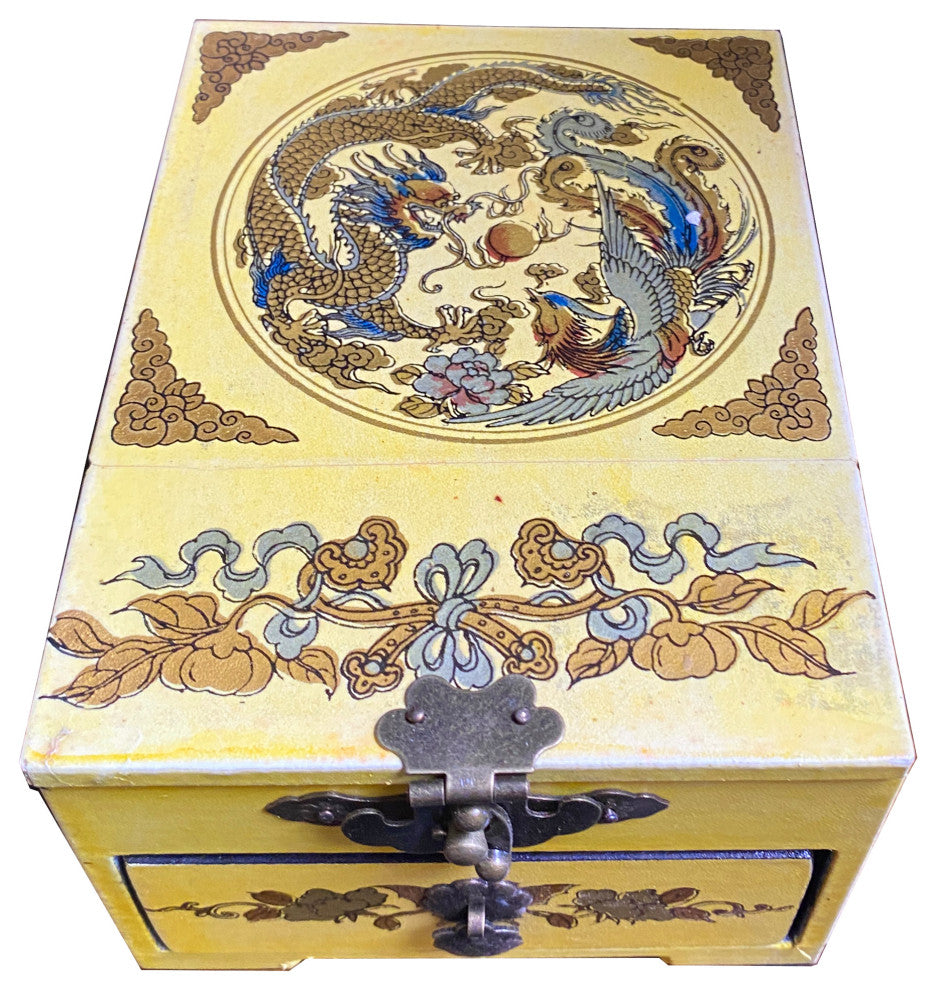 Small Chinese Oriental Yellow Dragon Phoenix Mirror Jewelry Box Hws282