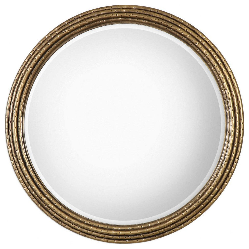 Rustic Round Mirror in Antiqued Gold Finish Stacked Iron Rings and Ham