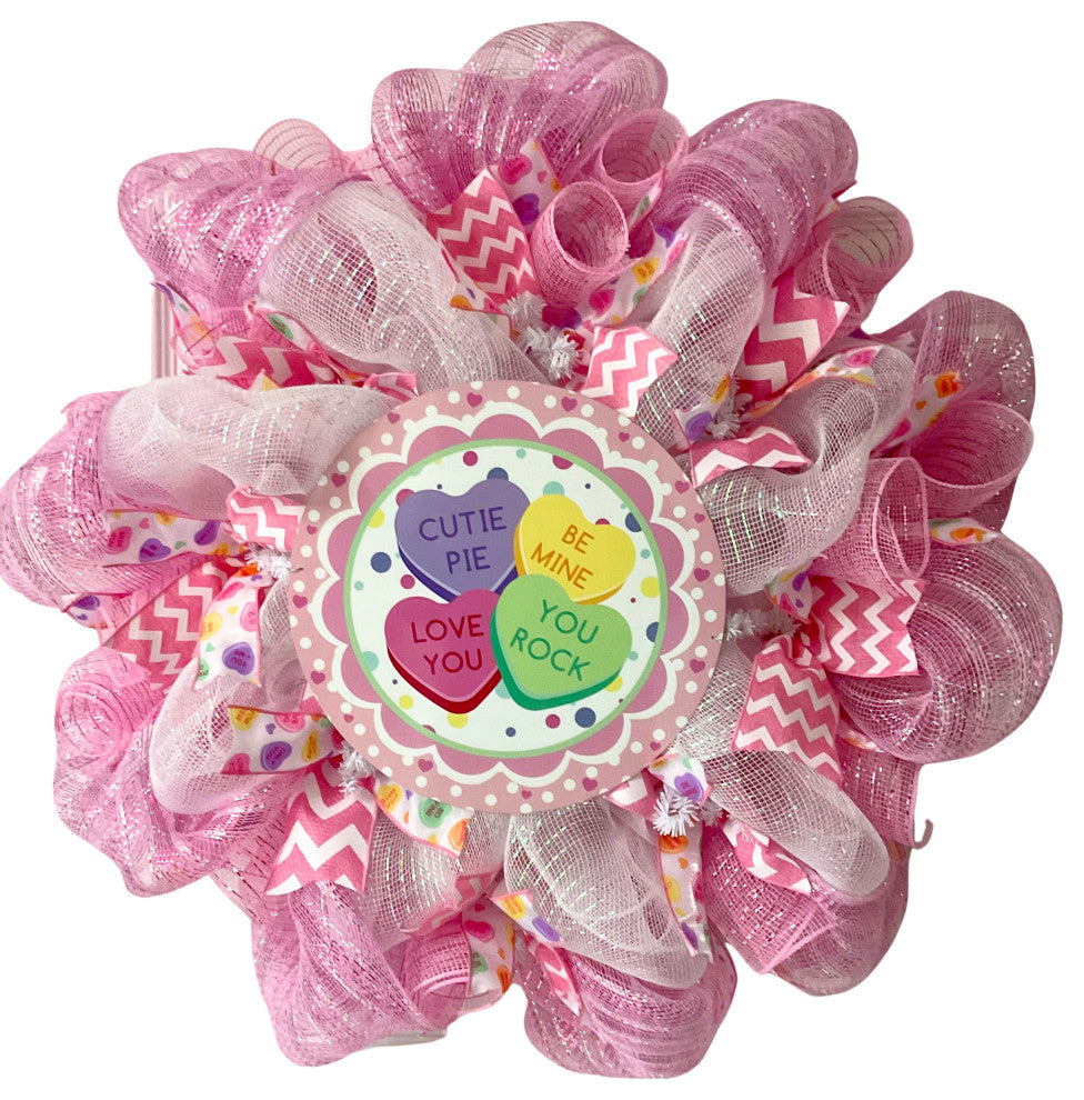 Valentine Day Conversation Candy Heart Wreath Handmade Deco Mesh