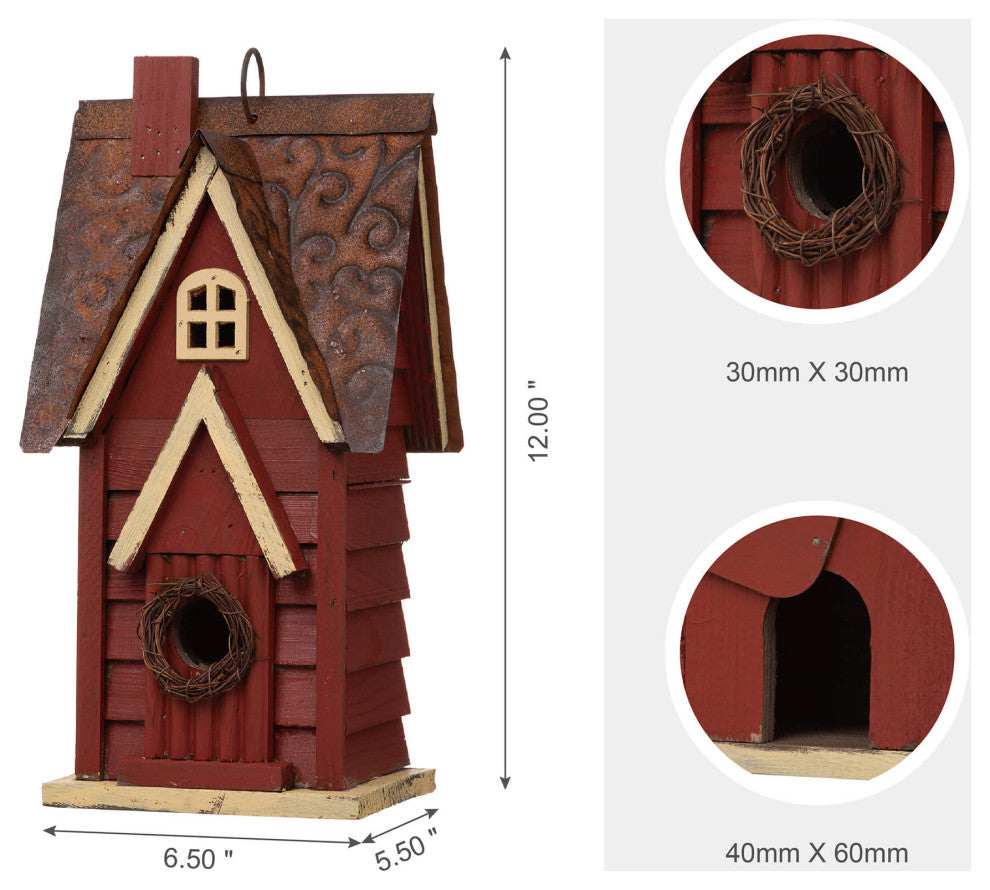 Outdoor Hanging Birdhouse Distressed Red Cottaage Solid Wood Bluebird