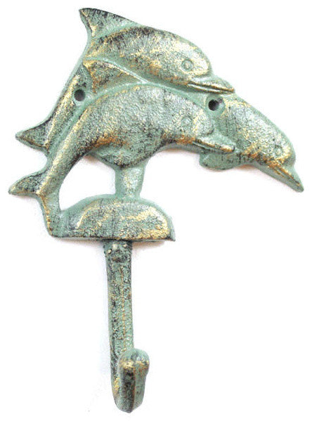 Antique Seaworn Bronze Cast Iron Dolphins Wall Hook 6"