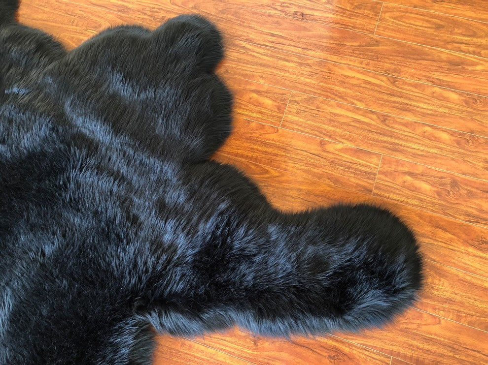 Super Soft Faux Bear Skin Silky Shag Rug, Black, 18"