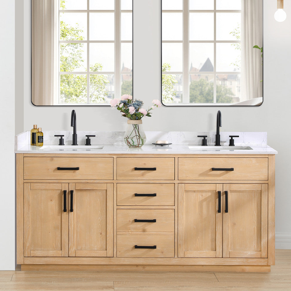 Gavino Vanity With Grain White Composite Stone Top, Light Brown/Matte