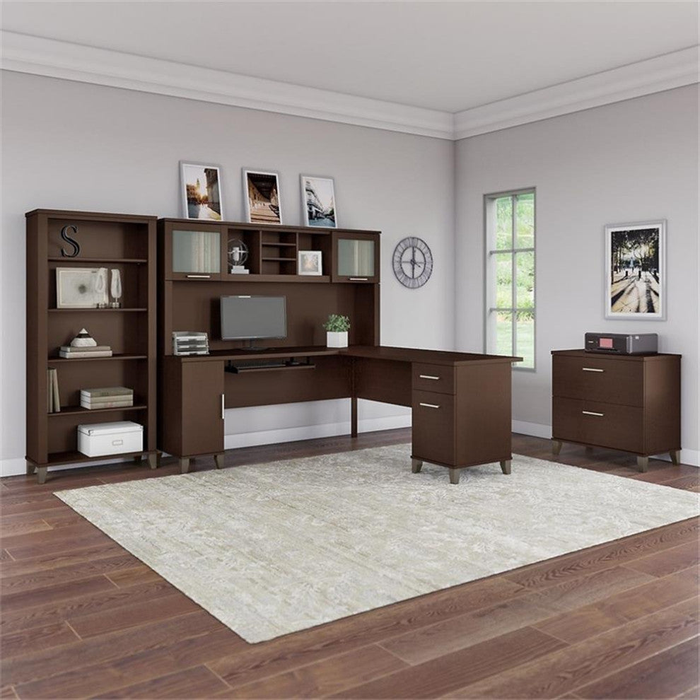 Pemberly Row Contemporary 72W L Shaped Desk Office Suite in Mocha Cher