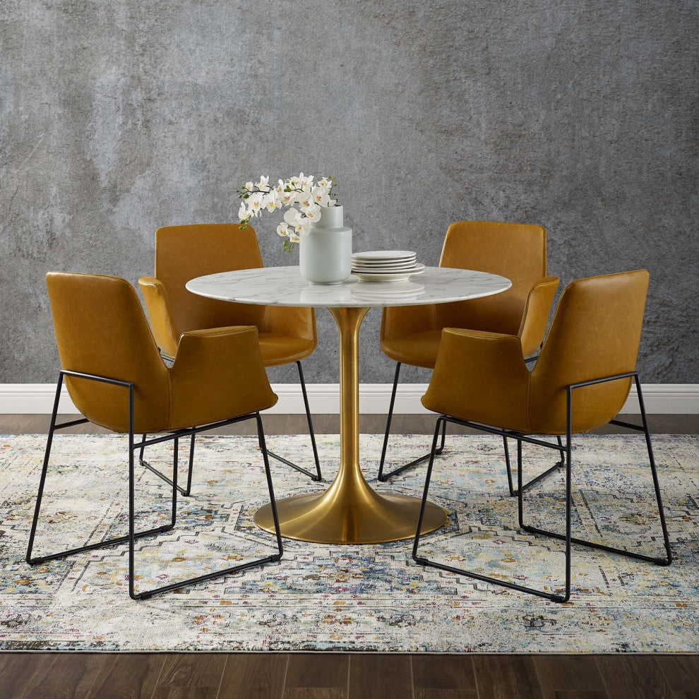 Faux White Marble Tulip Dining Table, Round Kitchen Table, Glam Gold T
