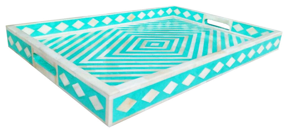 Green Geometric Bone Inlay Serving Tray
