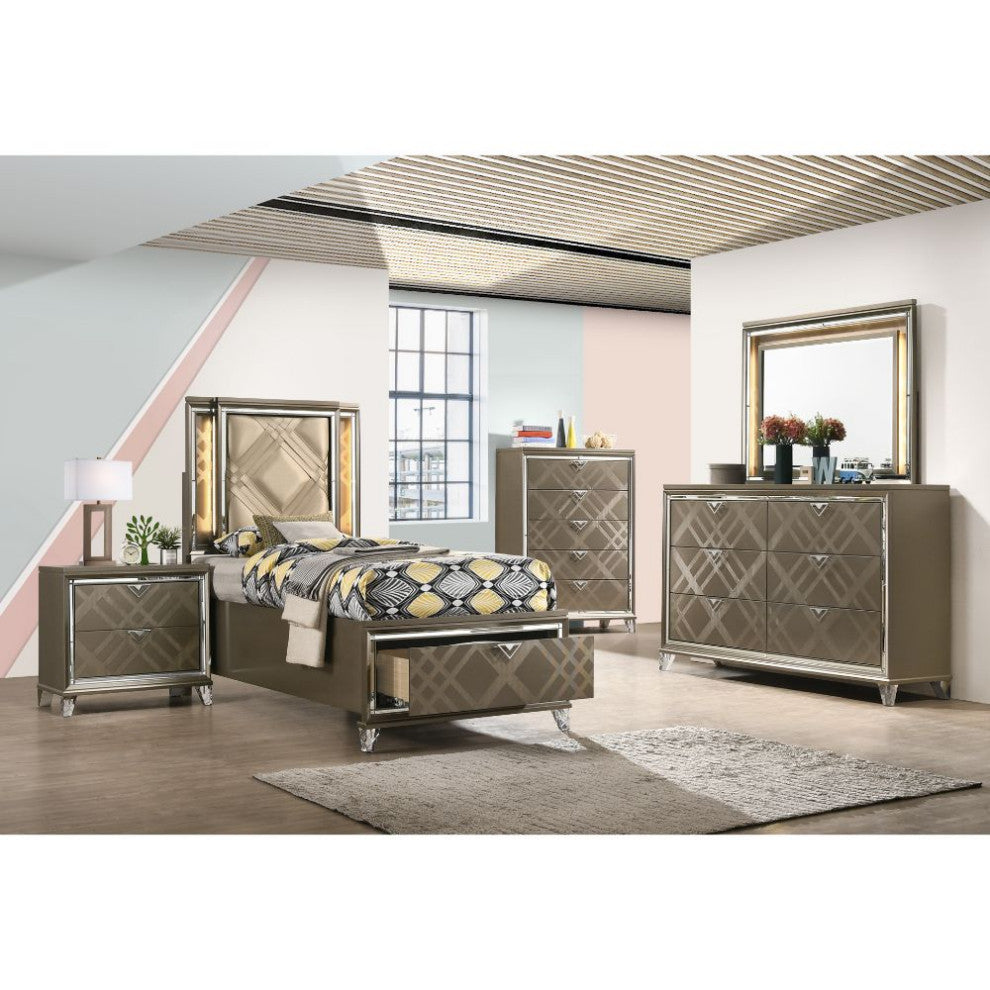 Acme Skylar Twin Bed With Storage LED PU and Dark Champagne