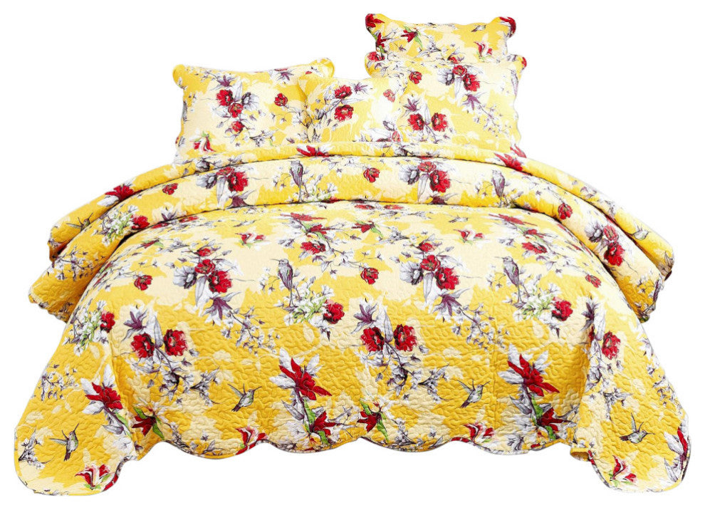 Radiant Sunshine Yellow Hummingbirds Floral Scalloped Bedspread Set, C