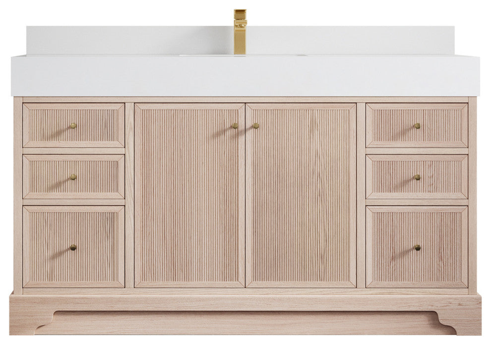 Manhattan 60 Single Sink Bathroom Vanity in White Oak with 5" White Qu