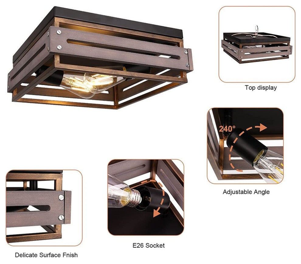 2-Light Farmhouse Flush Mount Ceiling Light Wood Flush Mount Light Fix