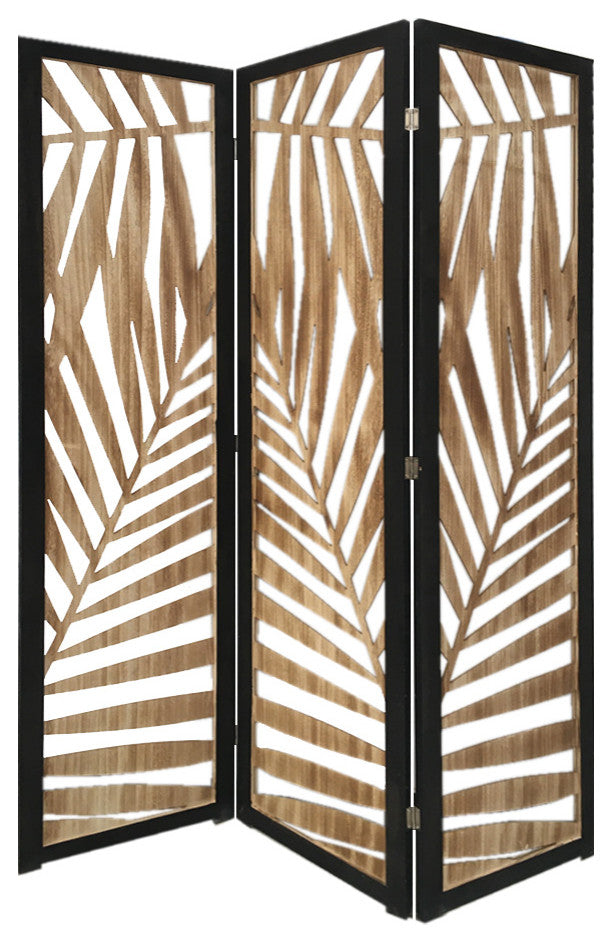 3 Panel Room Divider With Tropical Leaf Design