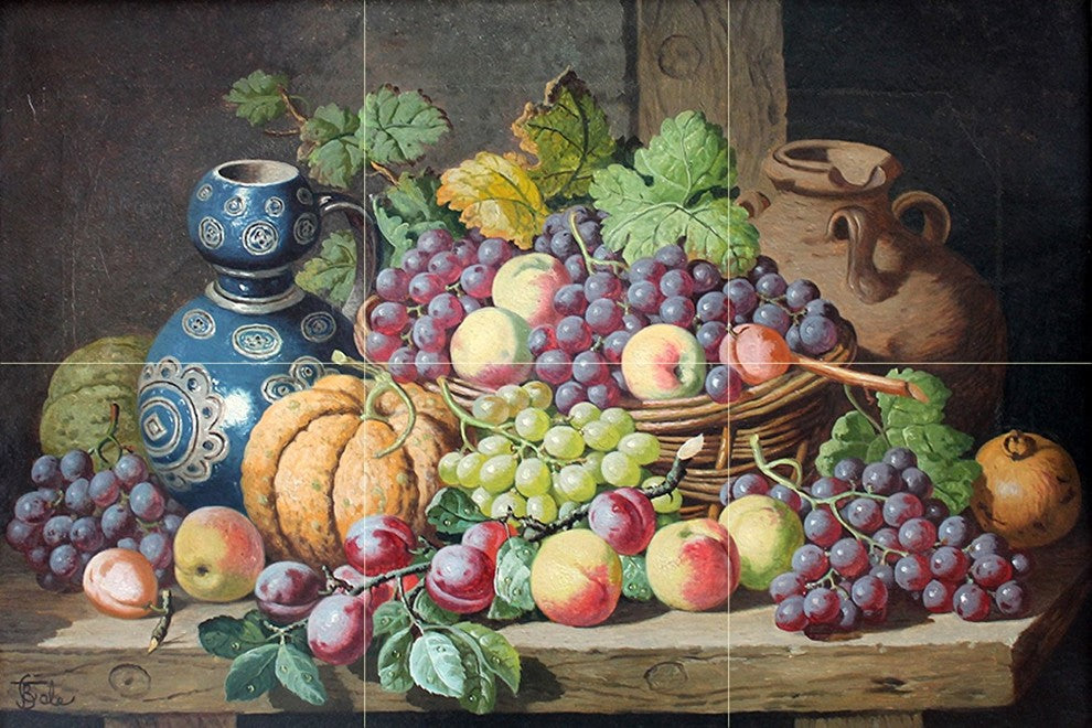 Tile Mural Still Life With Fruit Grapes and Peaches in the Basket, Mar