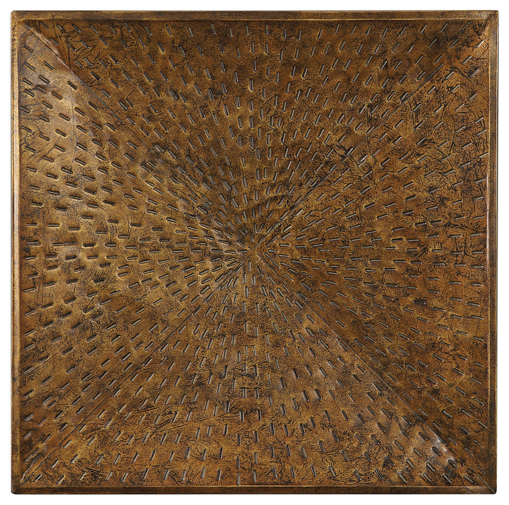 Large Bronze Metal Wall Sculpture Square, Textured Pierced Rustic Mode