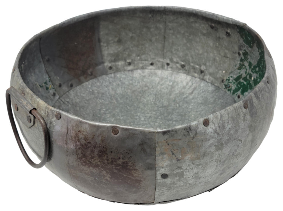 Large Industrial Reclaimed Metal Centerpiece Bowl Riveted Rustic Handl