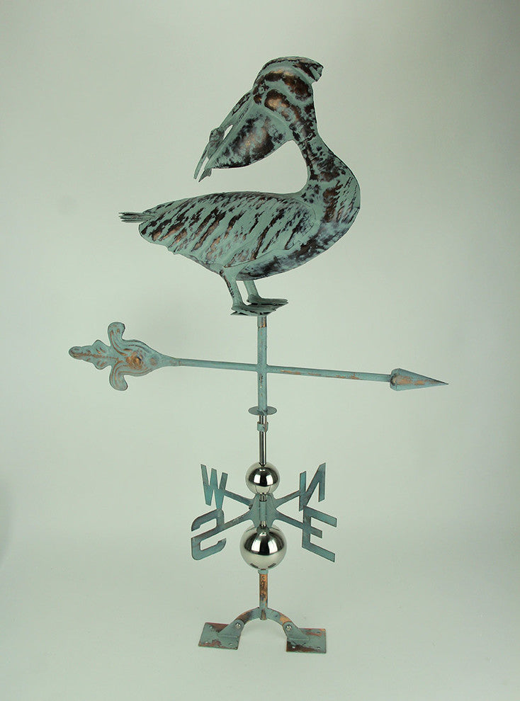 Verdigris Patina Metal Pelican Weather Vane with Roof Mount