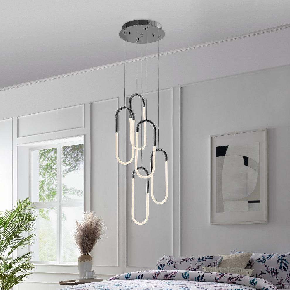 Five Clips Dimmable Integrated LED Chandelier, Chrome, Without Smart D
