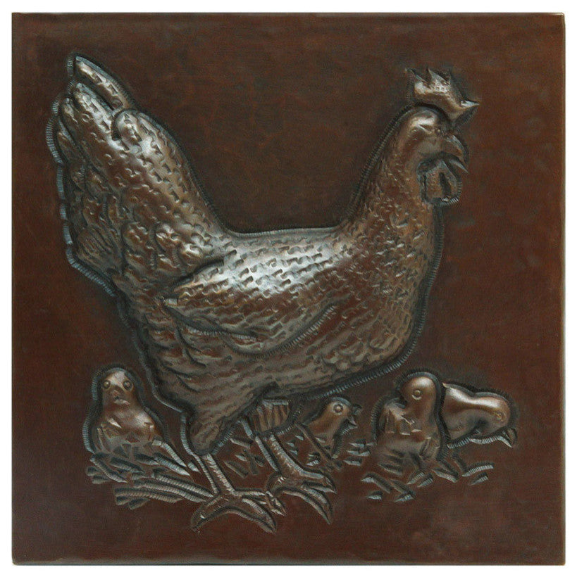 Hen with Chicks Design Hammered Copper Tile, 12"x12"