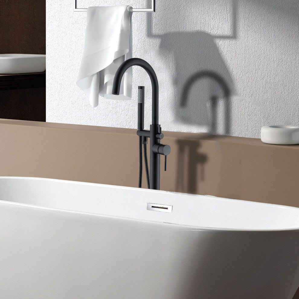 Floor Mounted Stainless Steel Handle Bathtub Faucet, Handheld, Matt Bl