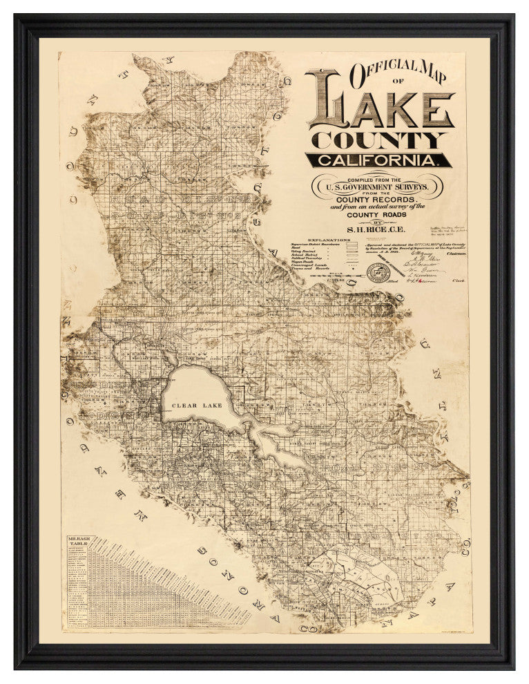 Lake County Map Framed Art 1892, Vintage California Wall Decor, Black,