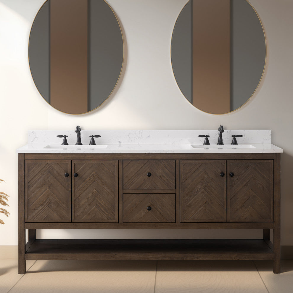 Landon Modern Herringbone Bathroom Vanity, 72", White Top