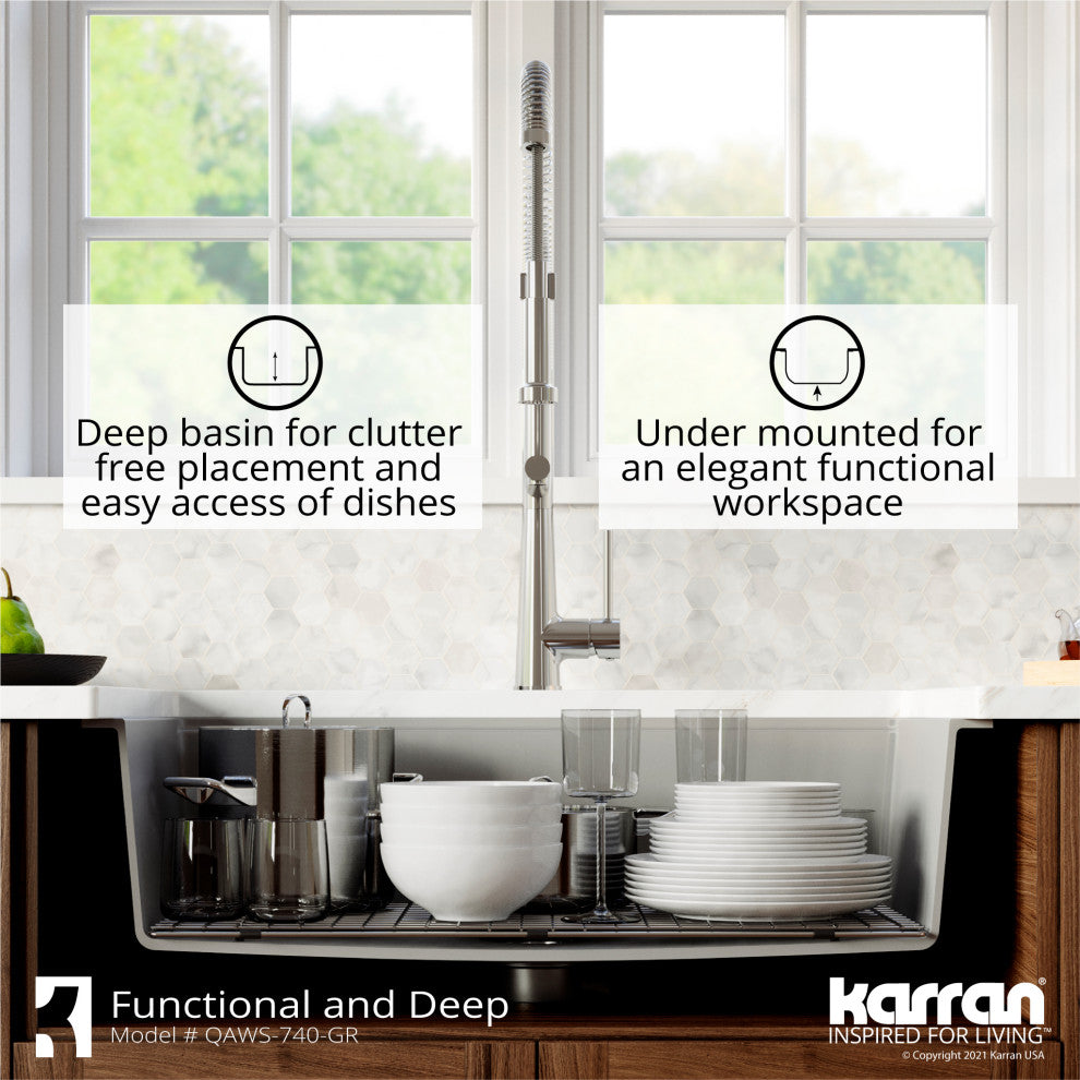 Karran 34" Quartz Farmhouse Single Bowl Workstation Kitchen Sink, Grey