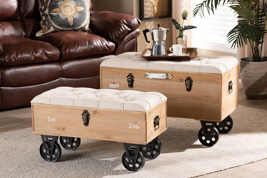 Derwent Beige Fabric Distressed Natural Wood and Black Metal Storage O