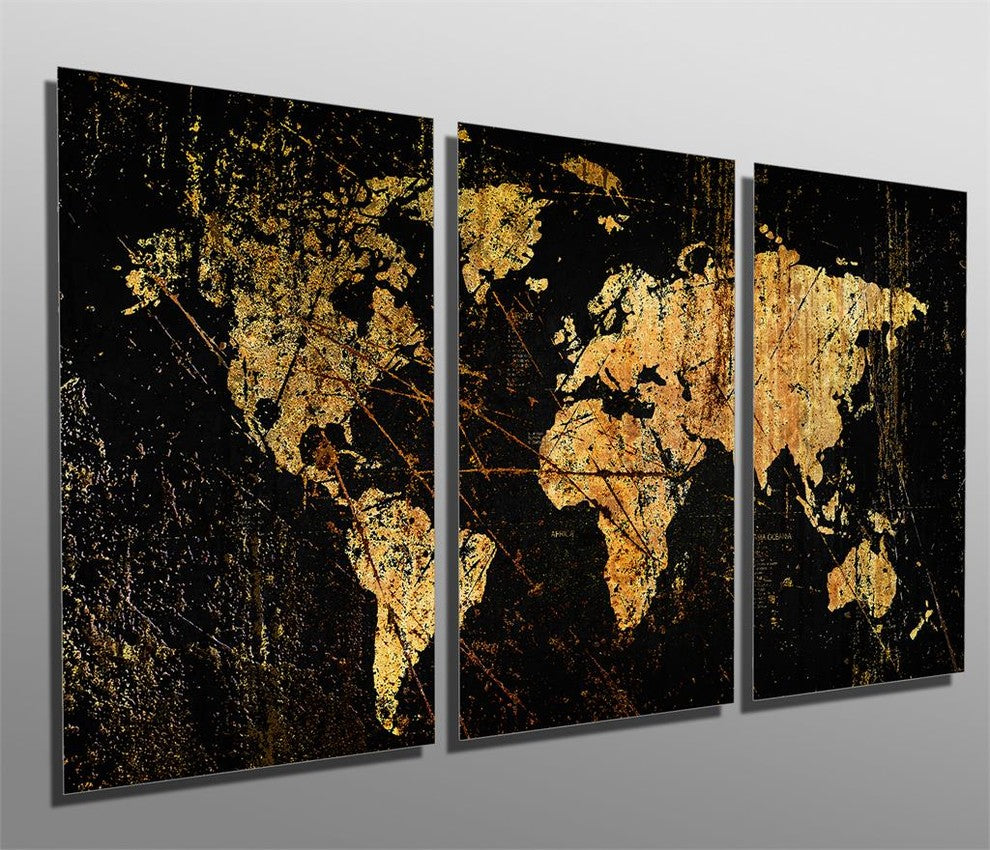 Abstract Black World Map Metal Print Wall Art, 3 Panel Split, Triptych