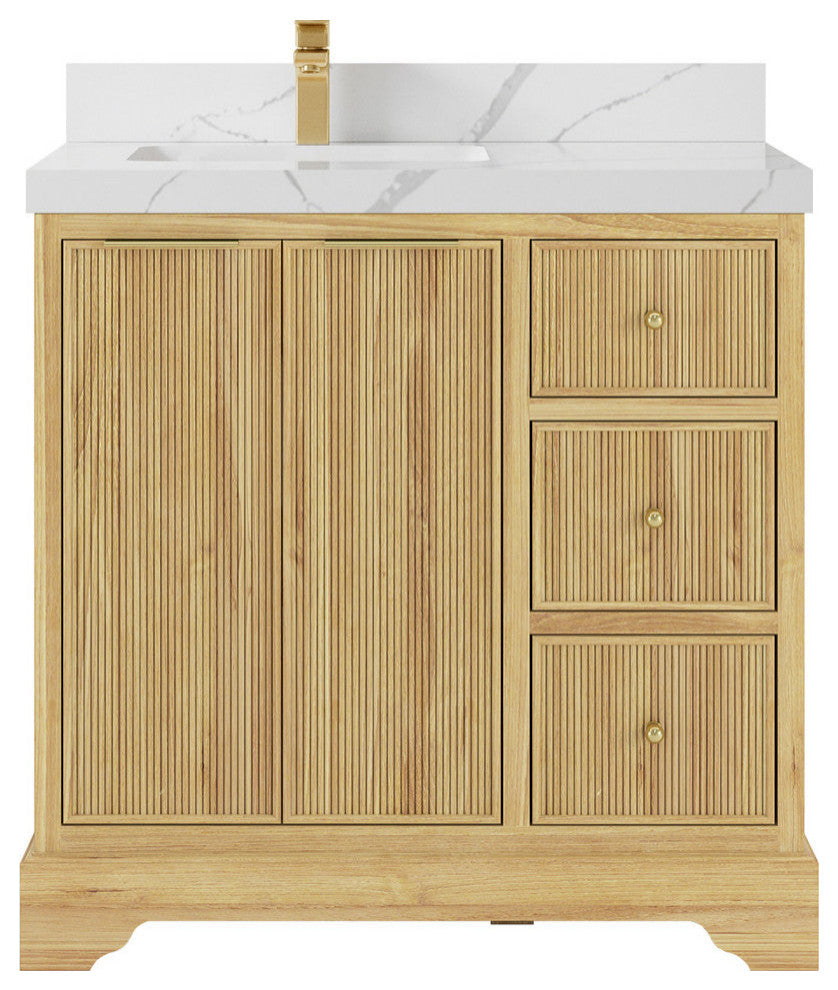 Austin 36 Left Offset Bath Vanity In Light Natural Teak 2" Calacatta L