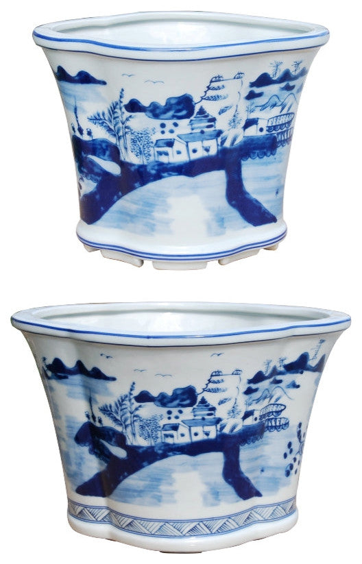 Set of 2, Blue and White Blue Willow Cache Pot