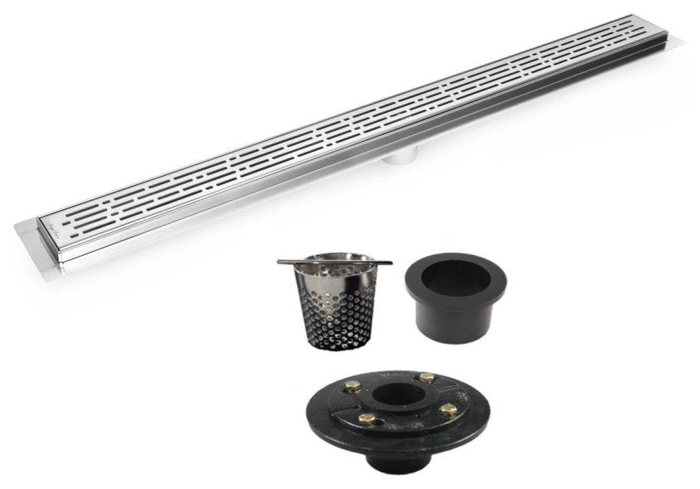 Linear Shower Drains, Brushed Nickel with Cast Iron Base and Hair Trap