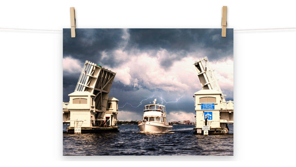 Beach Art Wall: Stormy Drawbridge Boat Landscape Photo Unframed 12" X
