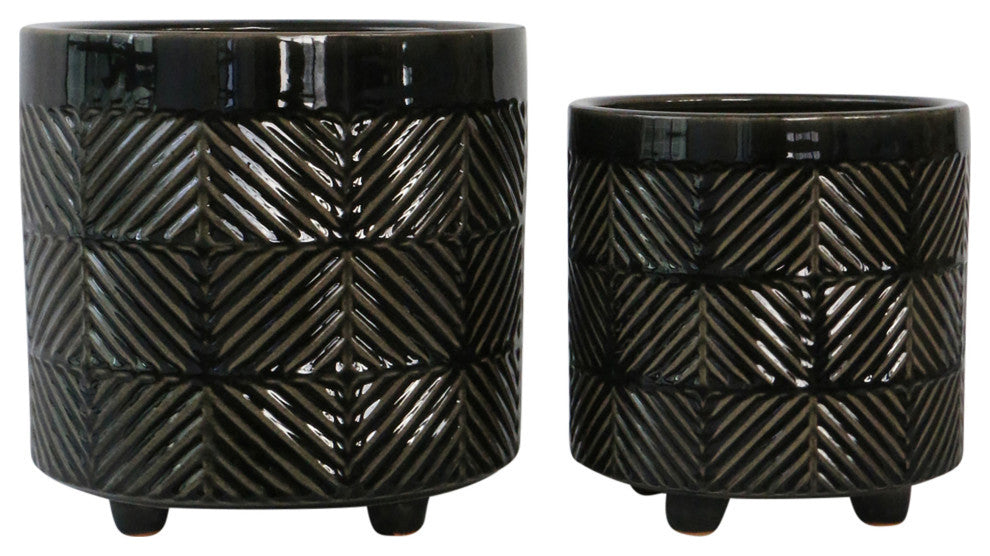 2-Piece Set Textured Planters, Shiny Black