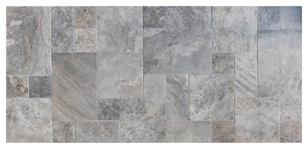 Silver Antique Pattern Travertine Tile - Brushed Chiseled -128 Sqft-b