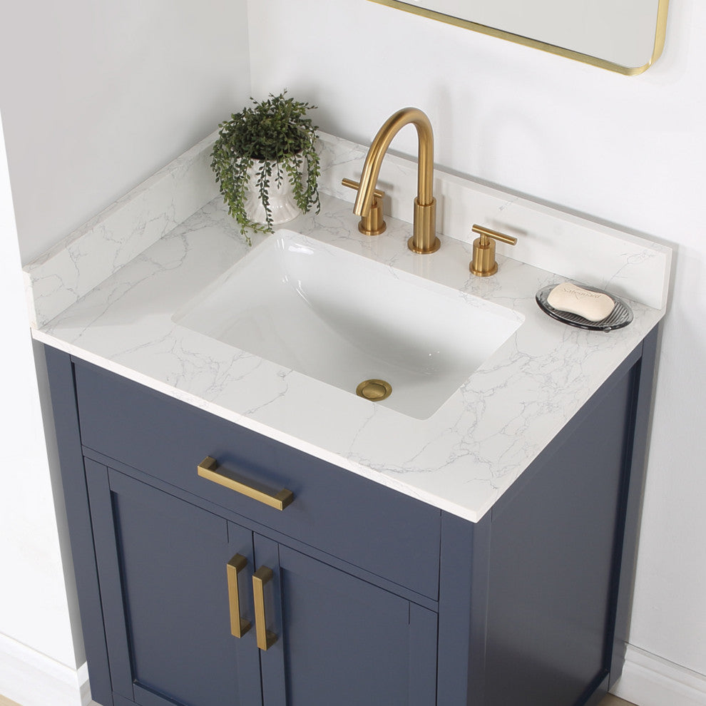 Gavino Vanity With Grain White Composite Stone Top, Royal Blue/Brushed