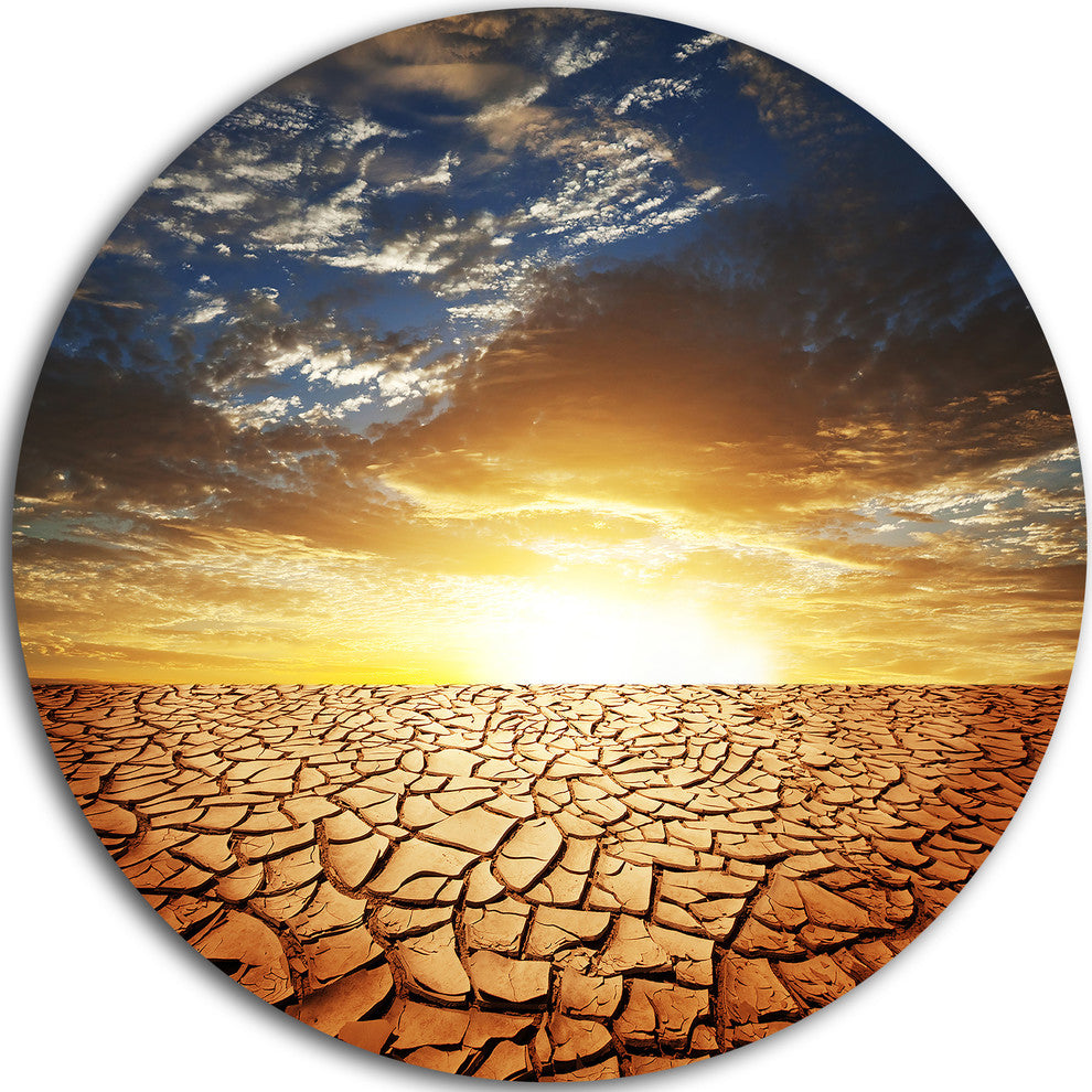 Drought Land Under Bright Sunset Landscape Round Metal Wall Art 11"