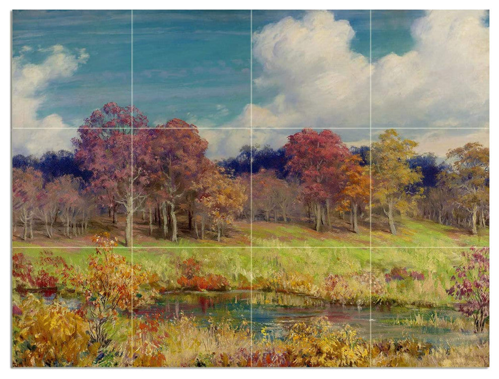 Tile Mural AUTUMN LANDSCAPE river forest lake Backsplash 6" Ceramic Gl