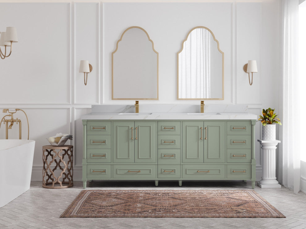 Aberdeen 84" Double Sink Bath Vanity, Evergreen 2" Calacatta Sienna