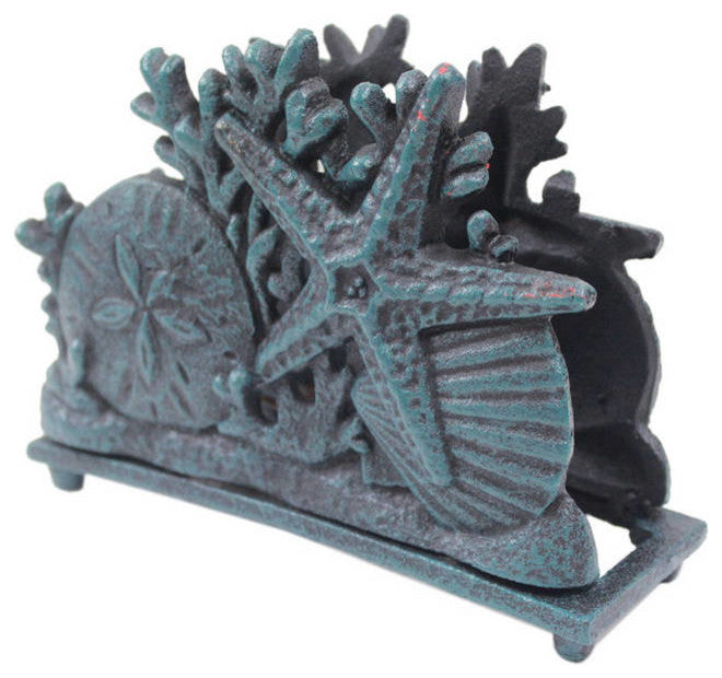 Seaworn Blue Cast Iron Seashell Napkin Holder 7"
