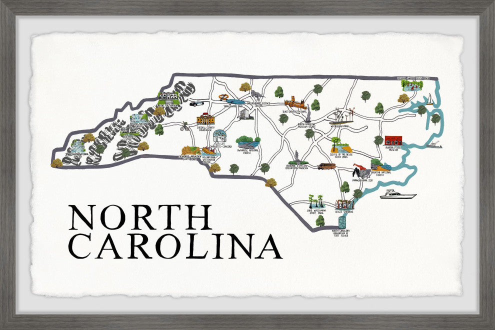 "North Carolina Landmarks Map" Framed Painting Print, 12x8