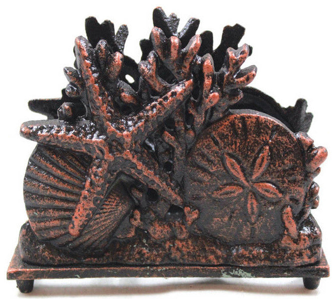 Rustic Copper Cast Iron Seashell Napkin Holder 7'' - Sea Life Decorati