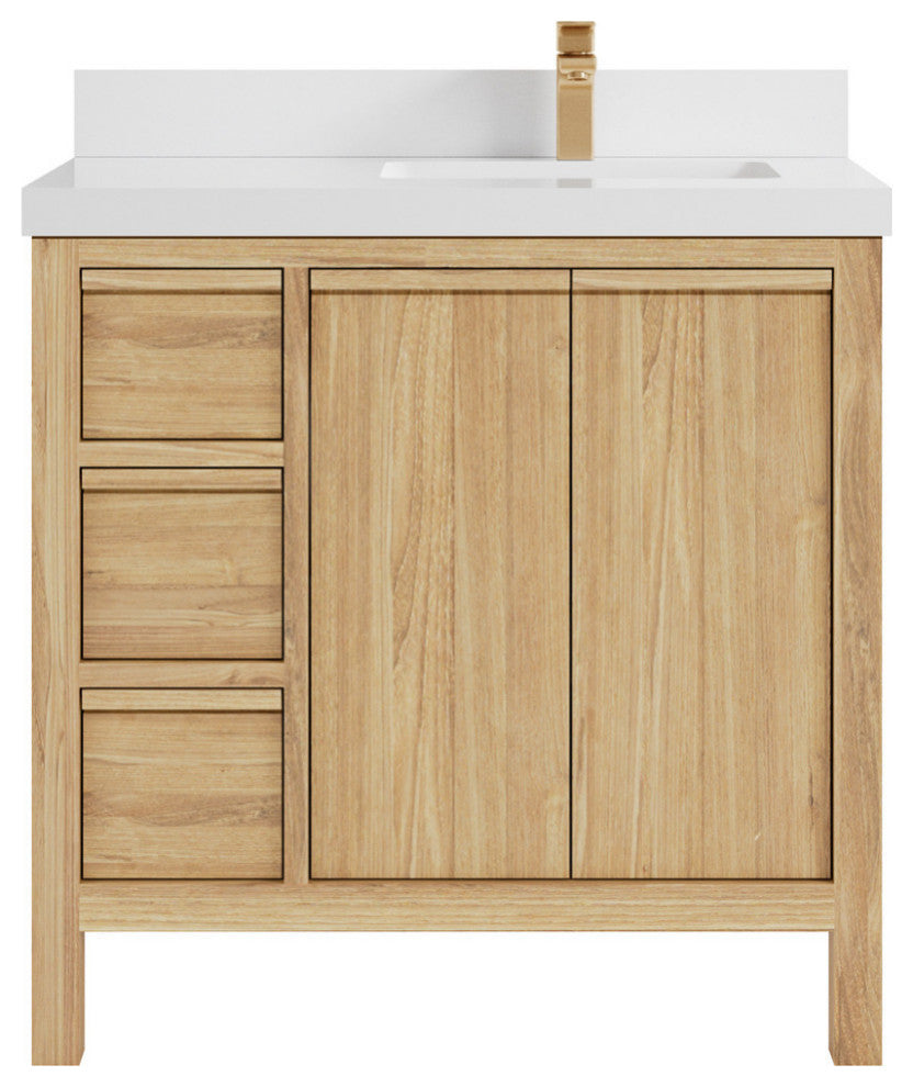 Elizabeth 36 Right Offset Bath Vanity In Light Natural Teak 2" White Q