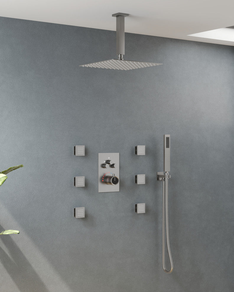Shower System 12" Rain Shower Head 3 Way Faucet With 6 Body Jets, Brus