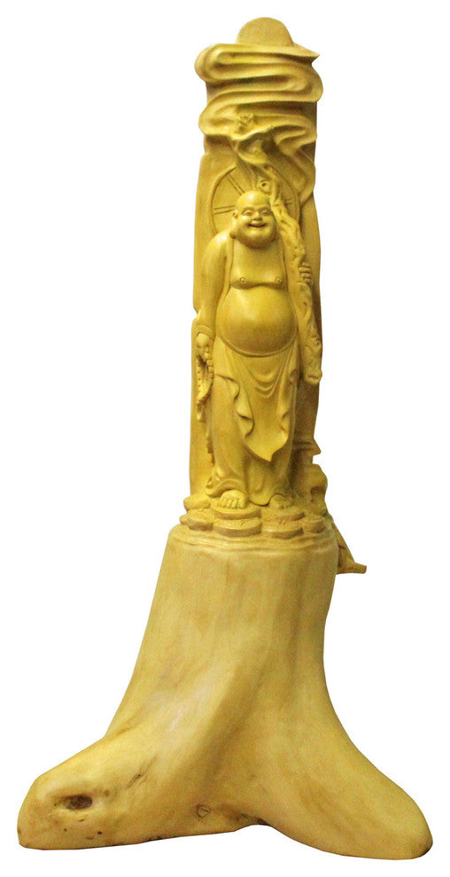 Chinese Cypress Wood Carved Irregular Shape Happy Buddha Statue Hcs413