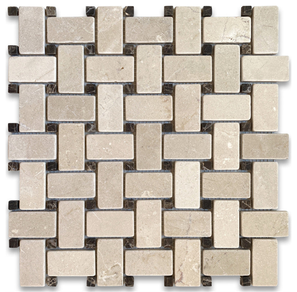 Tumbled Crema Marfil Marble Basketweave Slip Resistant Shower Tile, 1